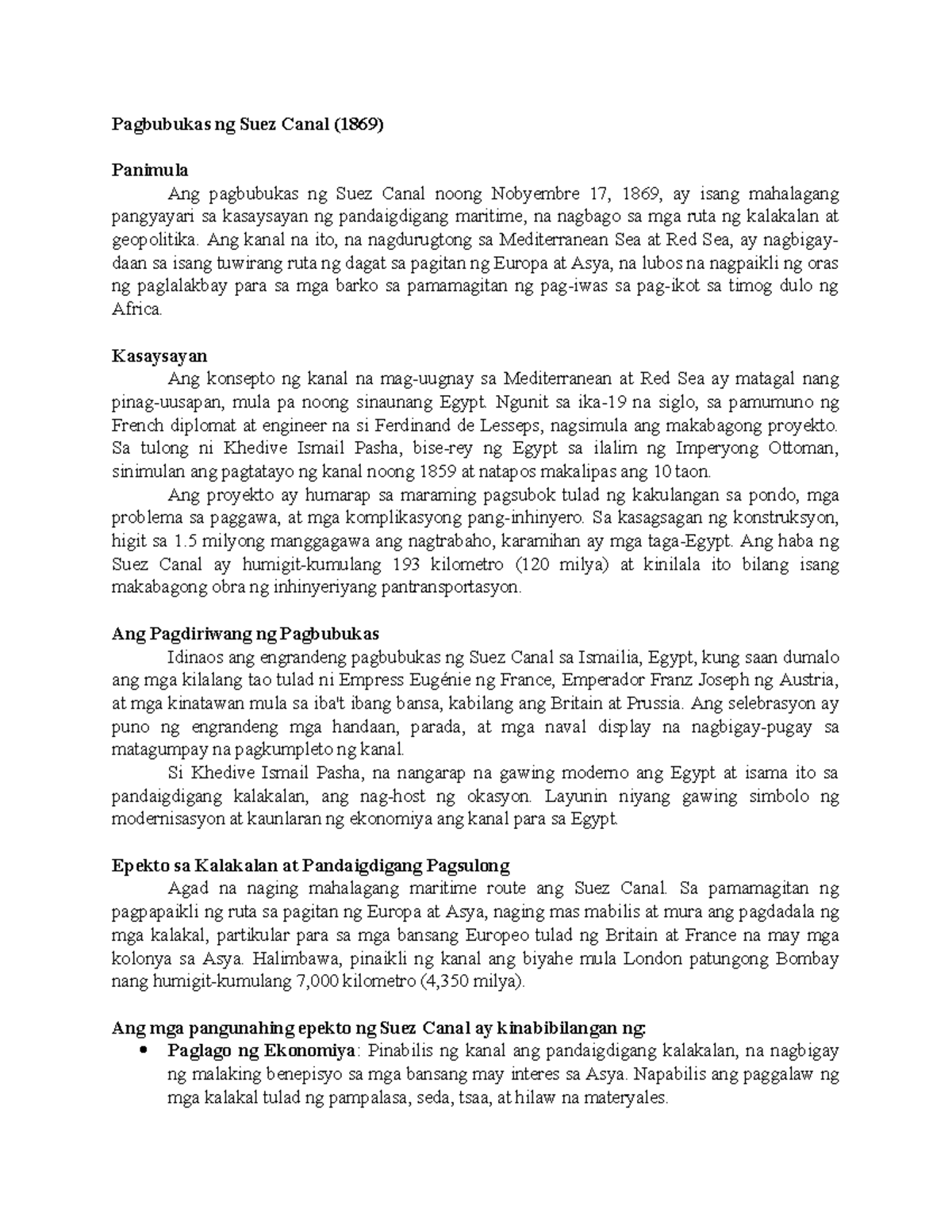 Reading in the Philippine History lesson 2 to4 - Pagbubukas ng Suez ...