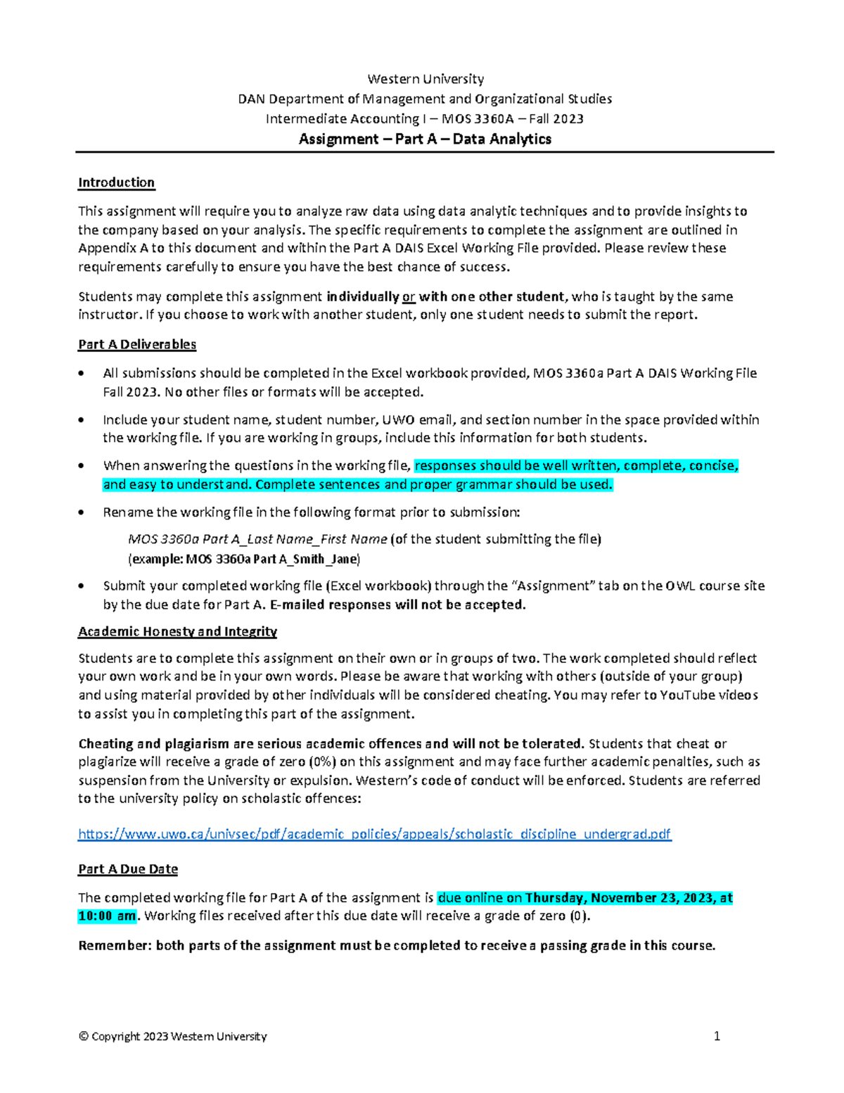 MOS 3360a Assignment - Part A DAIS Fall 2023 - Western University DAN ...