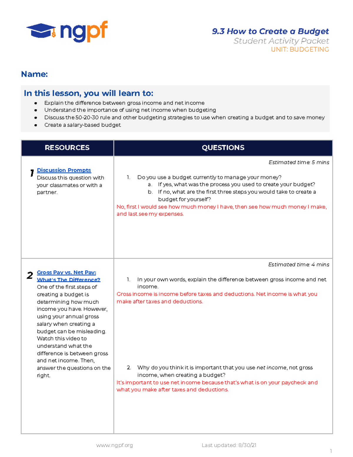 Personal Finance-22 SA 9 - 9 How to Create a Budget Student Activity ...
