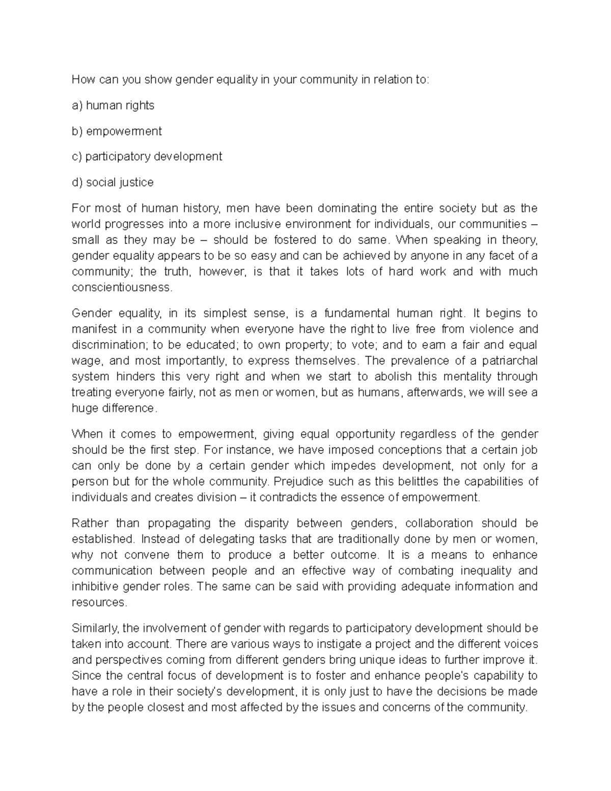 CESC Essay - How can you show gender equality in your community in ...