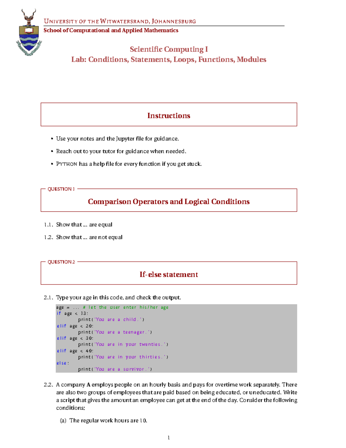 Lab - UNIVERSITY OF THE WITWATERSRAND, JOHANNESBURG School of ...
