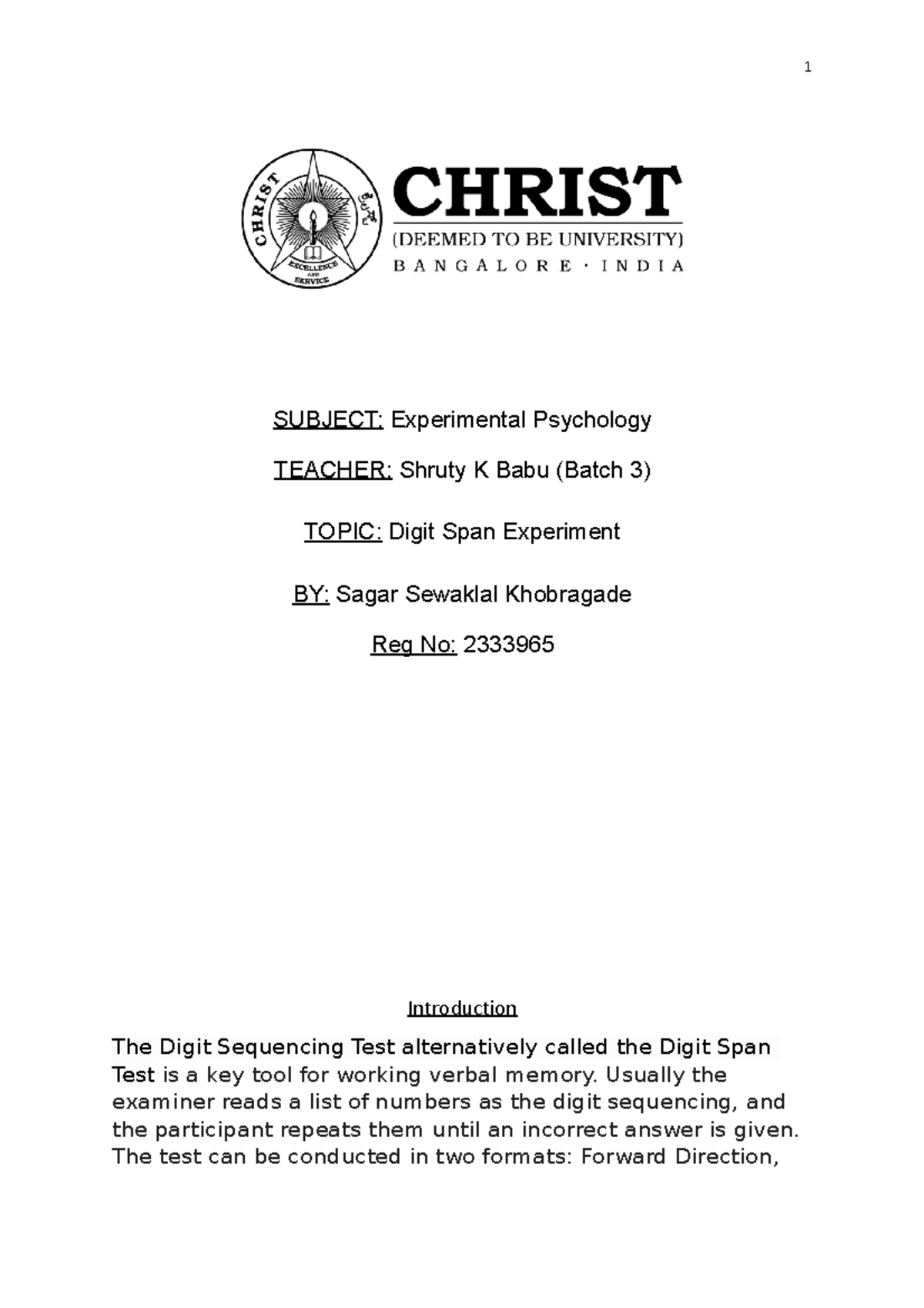 Digit Span Test - SUBJECT: Experimental Psychology TEACHER: Shruty K ...