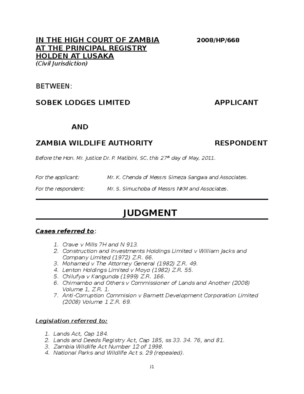 111 judgment sobek lodges limited autosaved - IN THE HIGH COURT OF ...