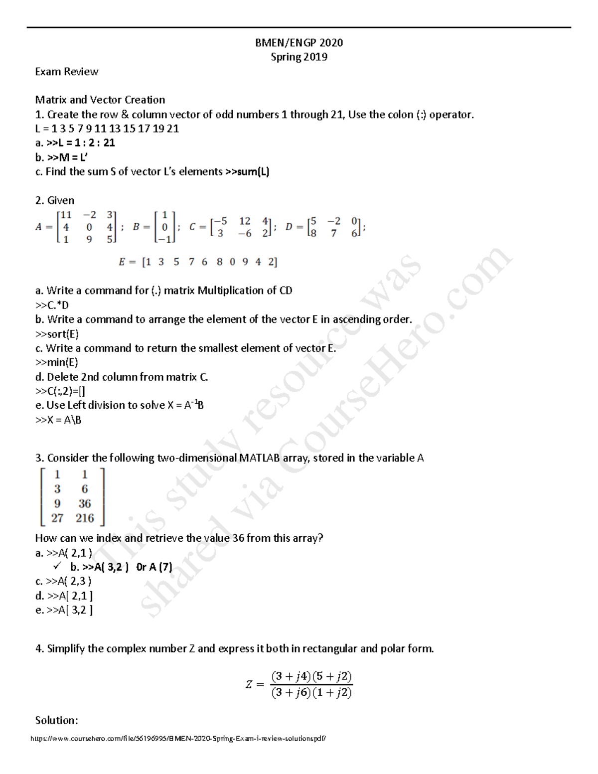 BMEN 2020 Spring Exam i review solutions - BMEN/ENGP 2020 Spring 2019 ...