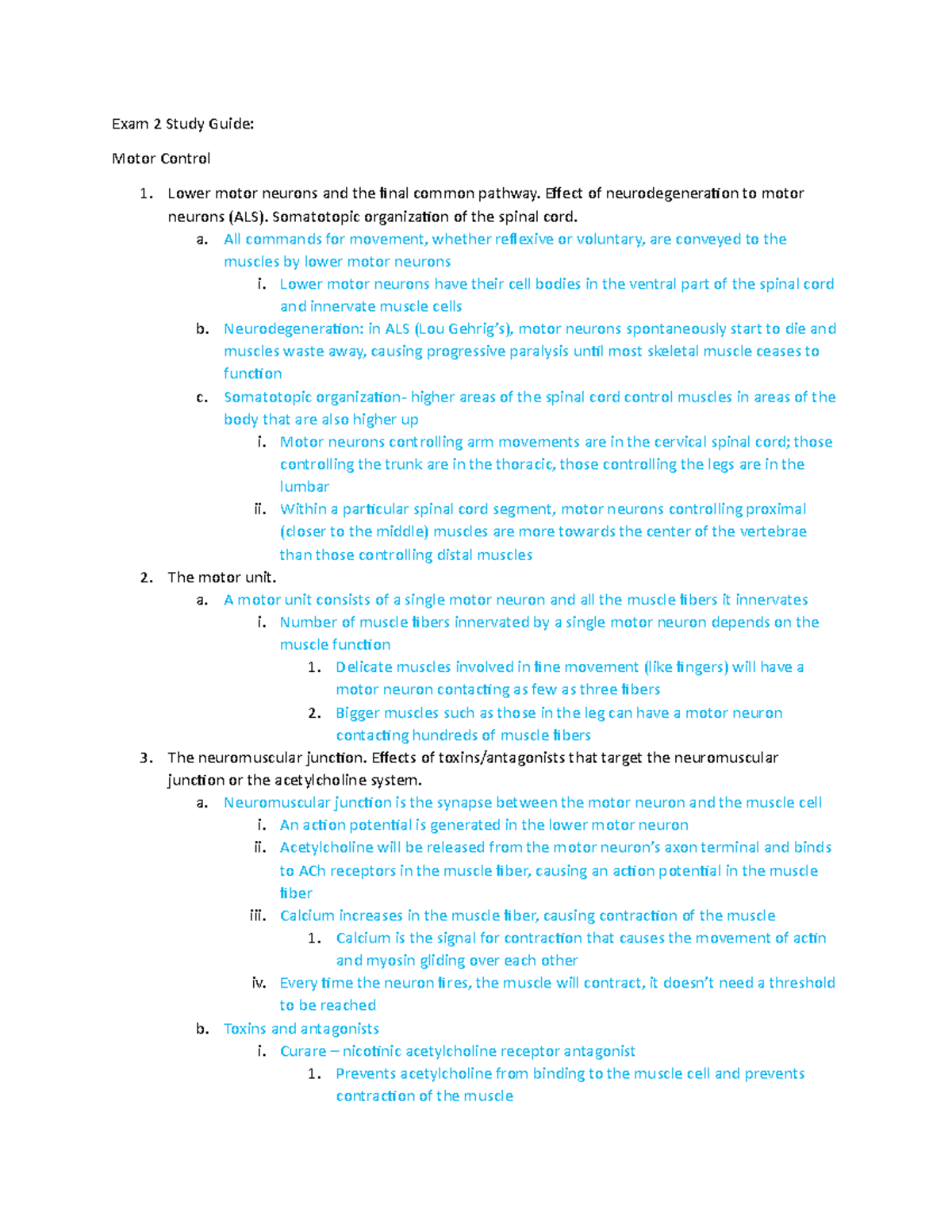 Motor Control Study Guide - Exam 2 Study Guide: Motor Control 1. Lower ...