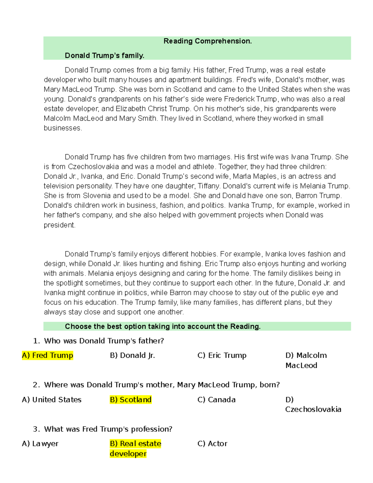 Reading Comprehension Trump's family - Reading Comprehension. Donald ...
