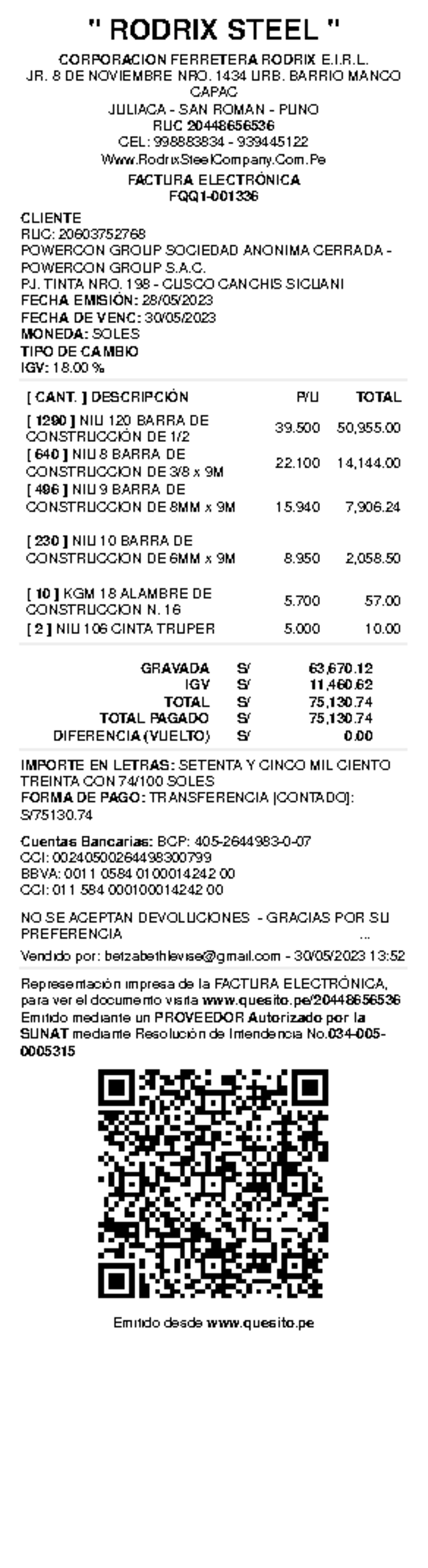 20448656536 01 FQQ1 1336 - " RODRIX STEEL " CORPORACION FERRETERA ...