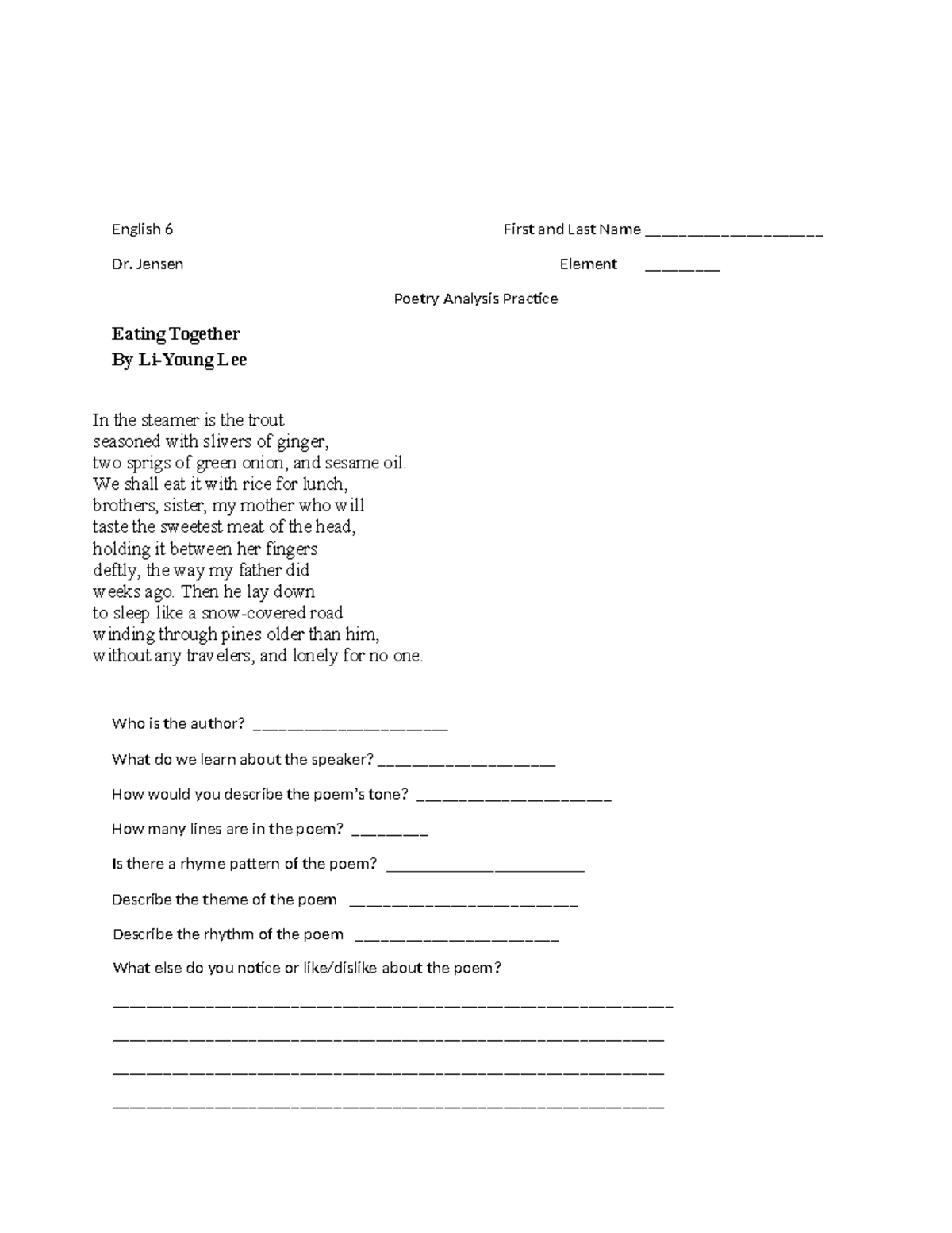 Poetry Analysis Practice - English 6 First and Last Name ...