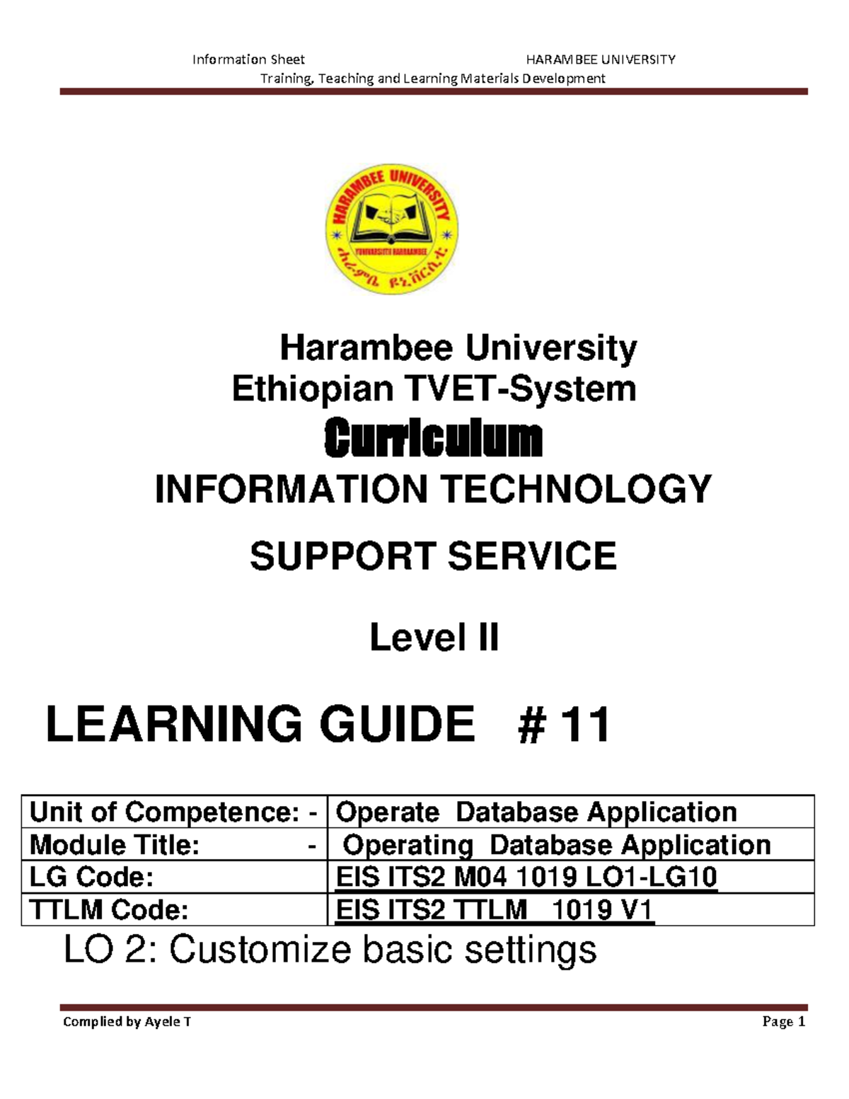 Operate Database Application LO2 - Training, Teaching and Learning Materials Development ...