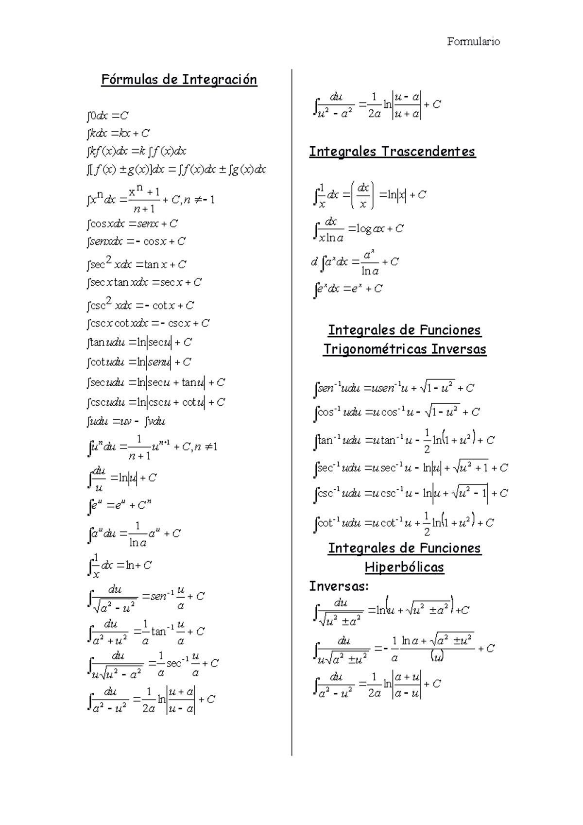 Formulas de integraciony mas - Formulario Fórmulas de Integración ####### - Studocu