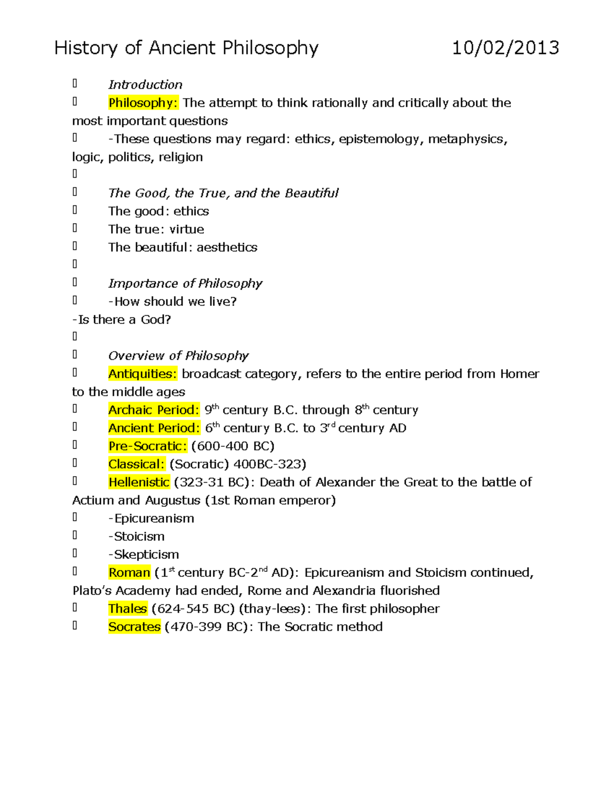 History of Ancient Philosophy - History of Ancient Philosophy 10/02 ...