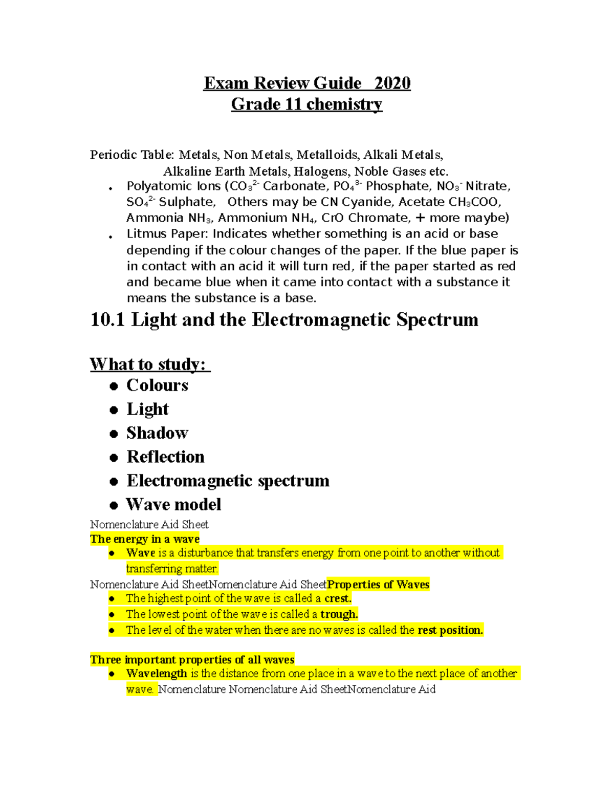 Exam- Chemistry - Exam Review Guide 2020 Grade 11 chemistry Periodic ...