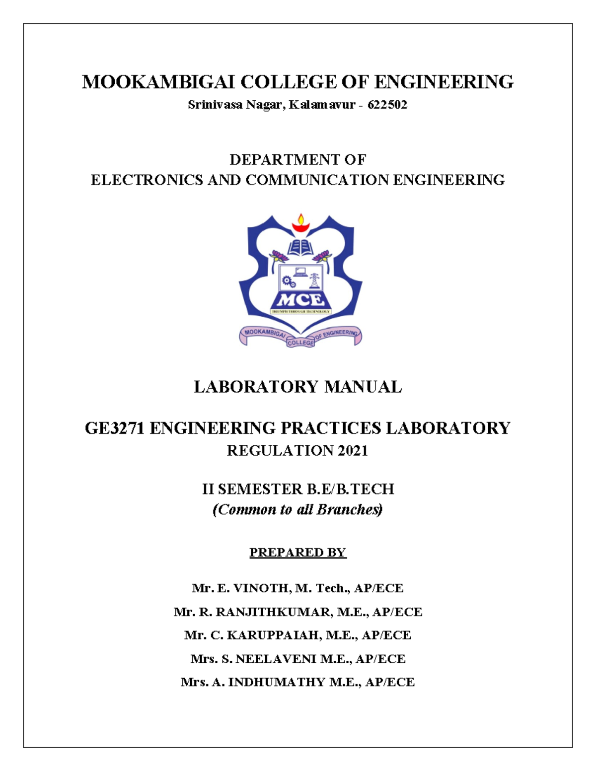 GE3271 EP Lab Manual - MOOKAMBIGAI COLLEGE OF ENGINEERING Srinivasa ...