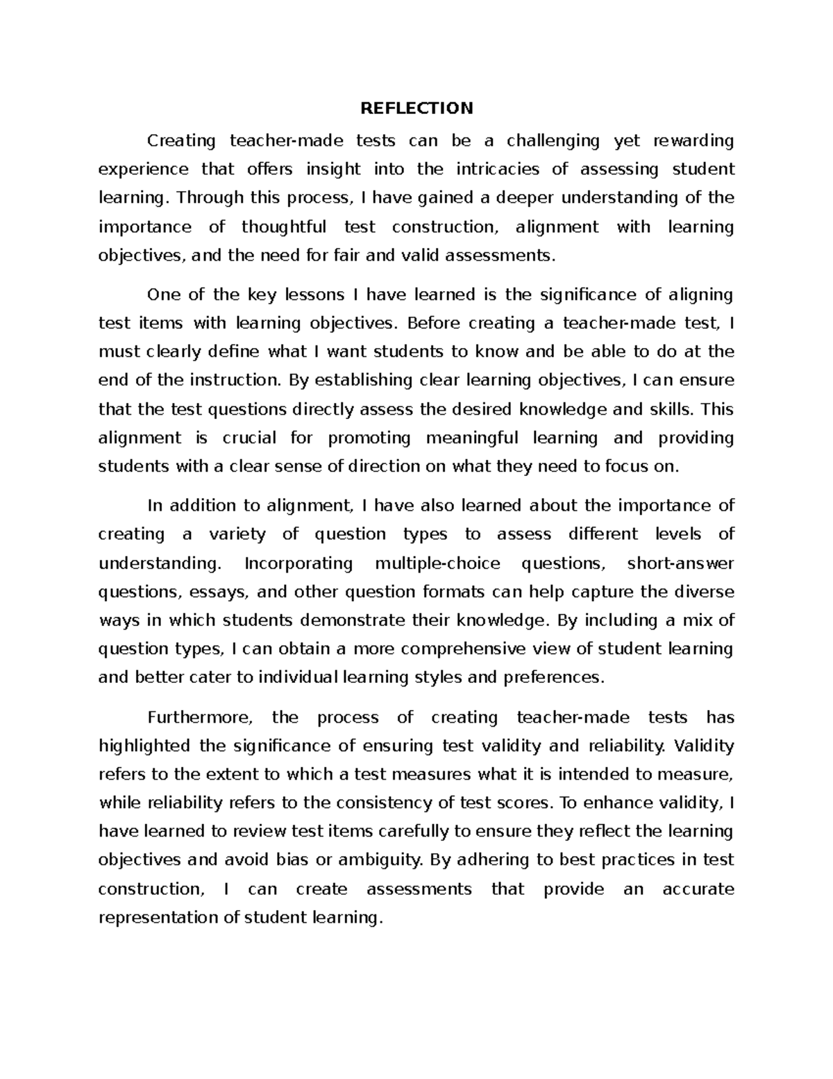 Reflection - REFLECTION Creating teacher-made tests can be a ...