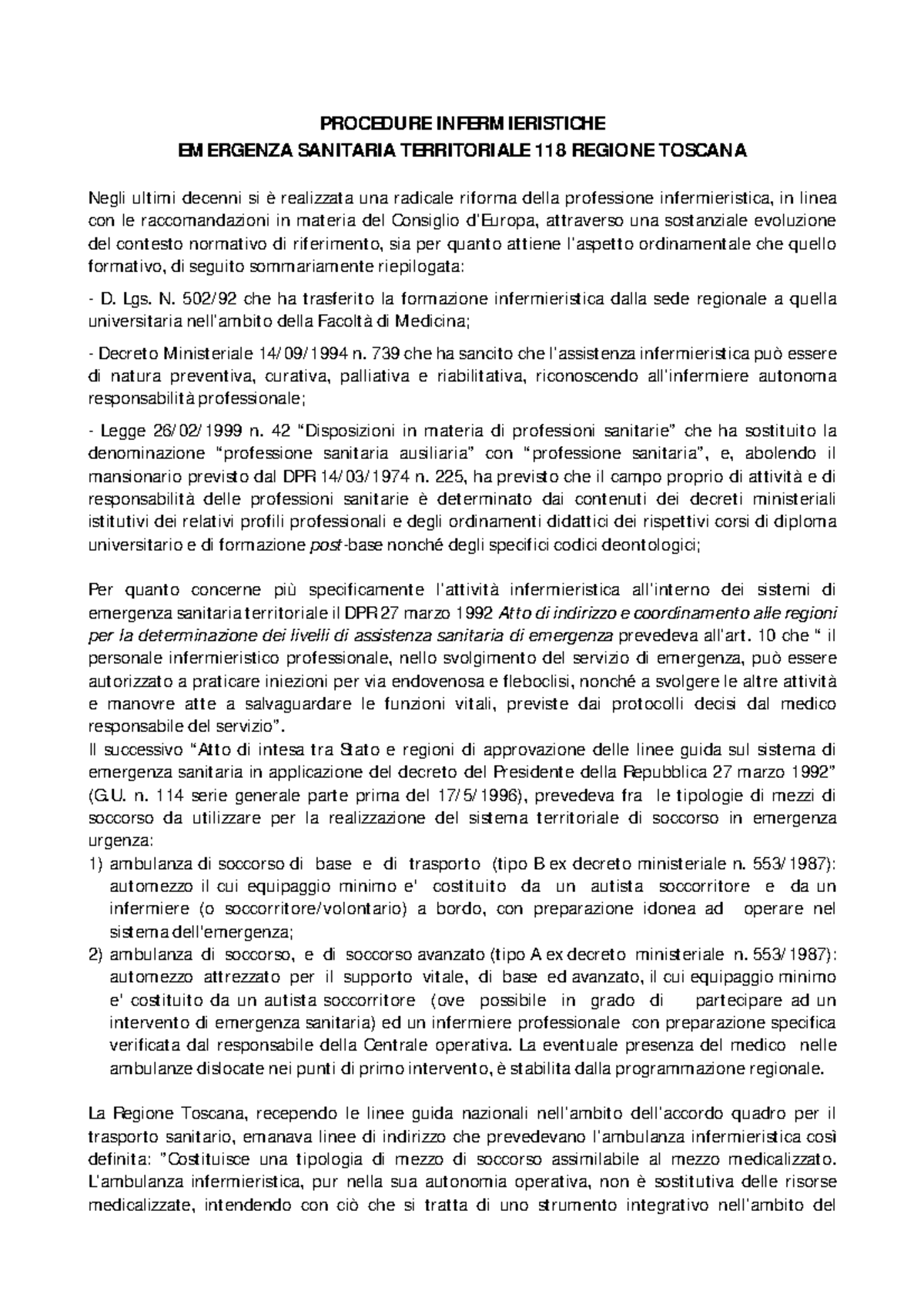 Algoritmi emergenza toscana - ####### PROCEDURE INFERM IERISTICHE ...