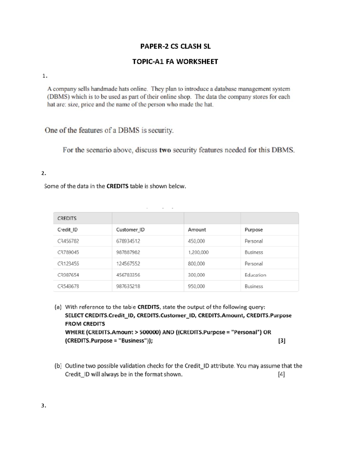 Paper-2 A1 - This is a worksheet on Computer Science A1 Database which ...