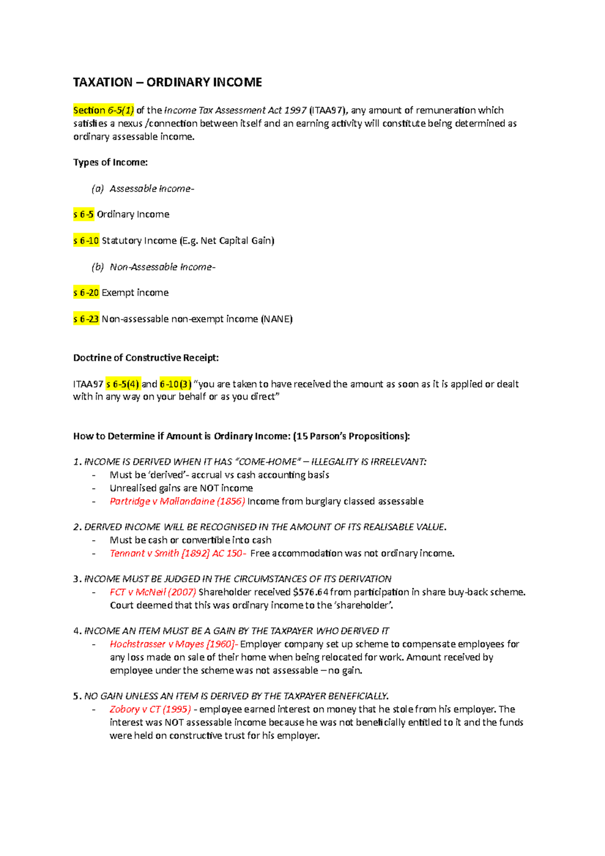 Taxation – Ordinary Income - TAXATION – ORDINARY INCOME Section 6-5(1 ...