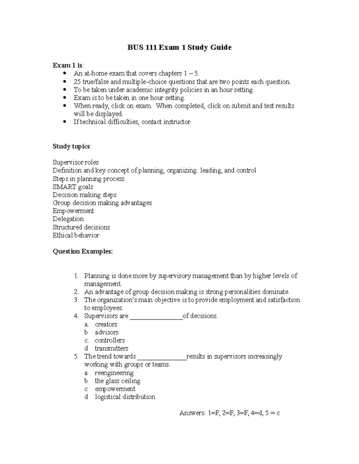 BUS 111 Exam 1 Study Guide - BUS 111 Exam 1 Study Guide Exam 1 is : An ...