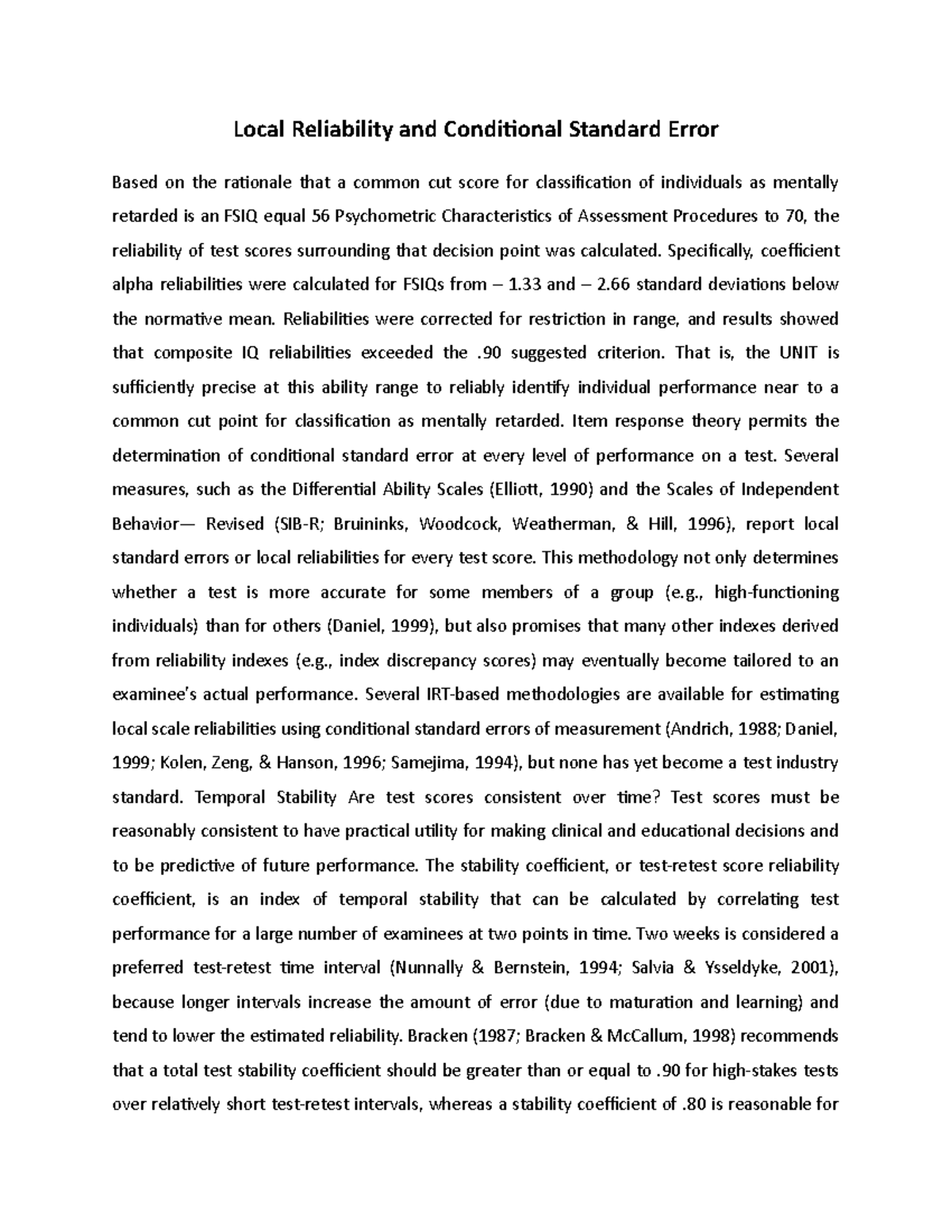 Local Reliability And Conditional Standard Error Specifically