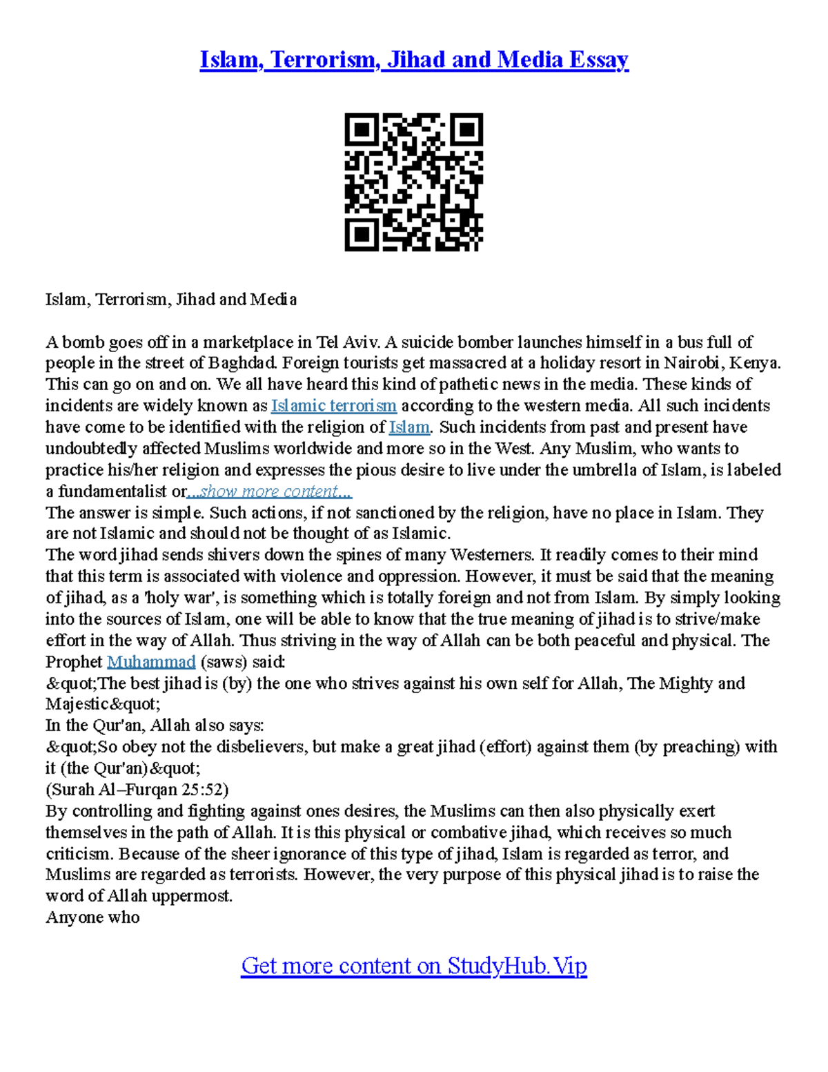 Terrorism And Islam Essay - Islam, Terrorism, Jihad and Media Essay ...