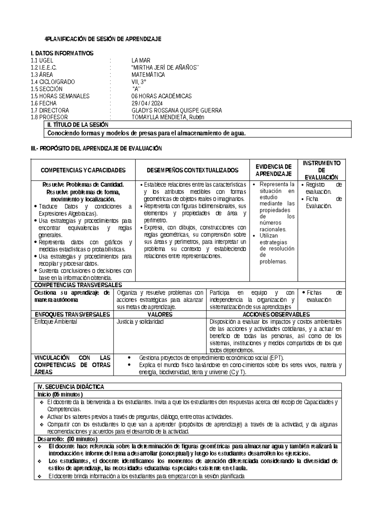Sesión DE Aprendizaje N° 09 - 4PLANIFICACIÓN DE SESIÓN DE APRENDIZAJE I. DATOS INFORMATIVOS 1 ...