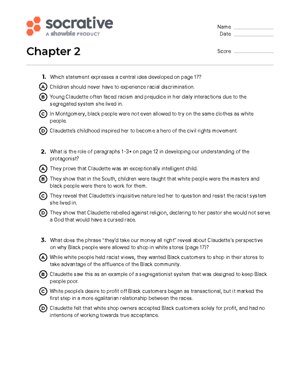 Quiz Chapter 2 - Claudette Colvin: Twice Toward Justice - Name Date ...