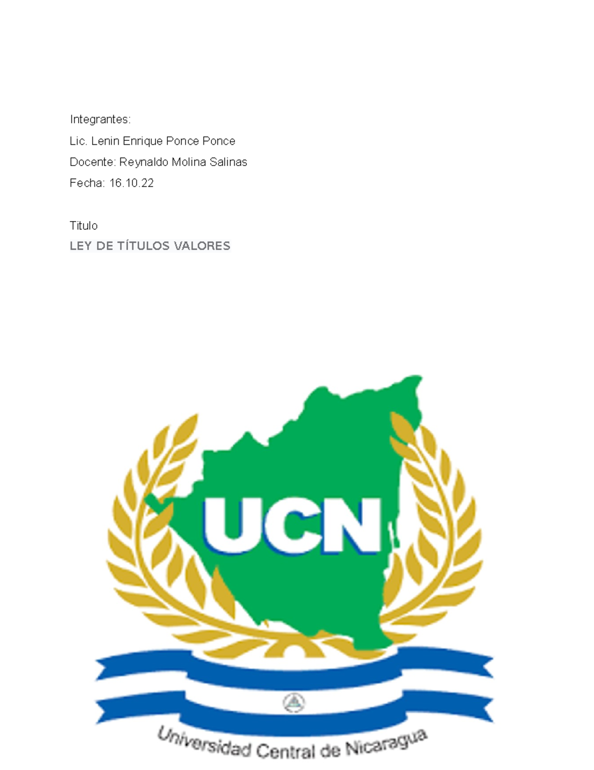 Titulos Valores-LP - Integrantes: Lic. Lenin Enrique Ponce Ponce ...