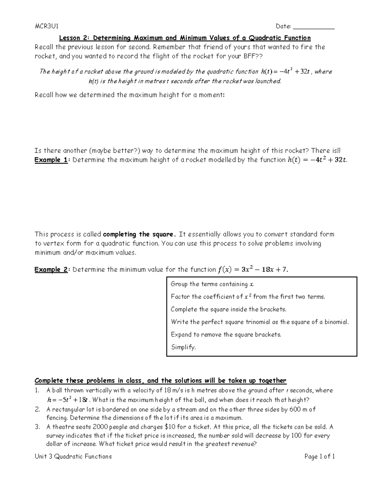 Lesson 2 Determine Max and Min Values - MCR3U1 Date: ___________ Unit 3 ...
