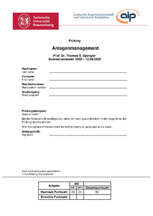 WS1718 AM ML - Altklausur - Prüfung Anlagenmanagement Prof. Dr. Thomas ...