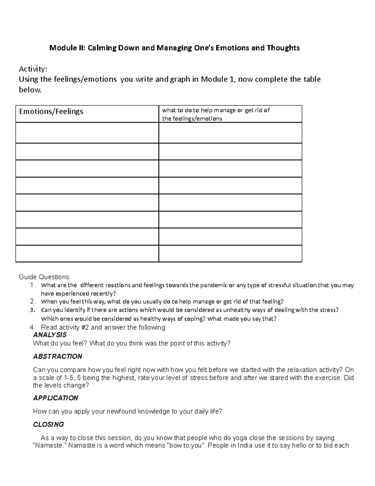 Module 2 Activity Sheet in Mhpss - Module II: Calming Down and Managing ...