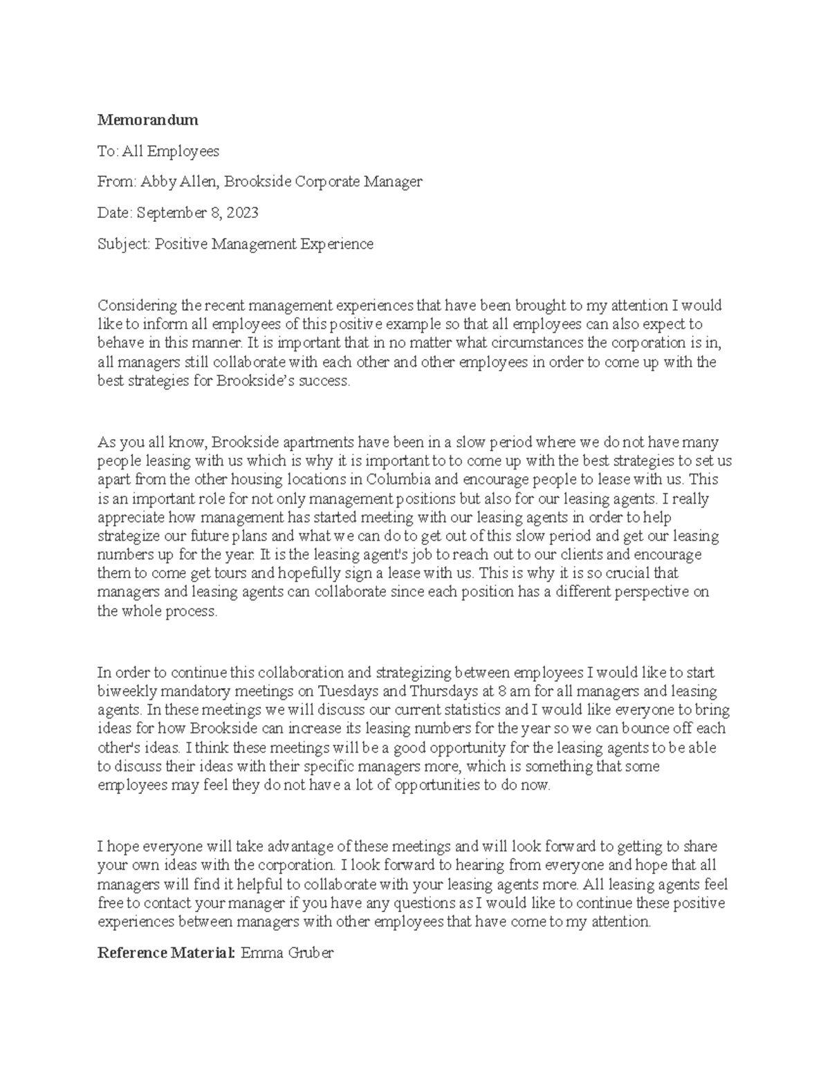 Corporate Memo - Memorandum To: All Employees From: Abby Allen ...