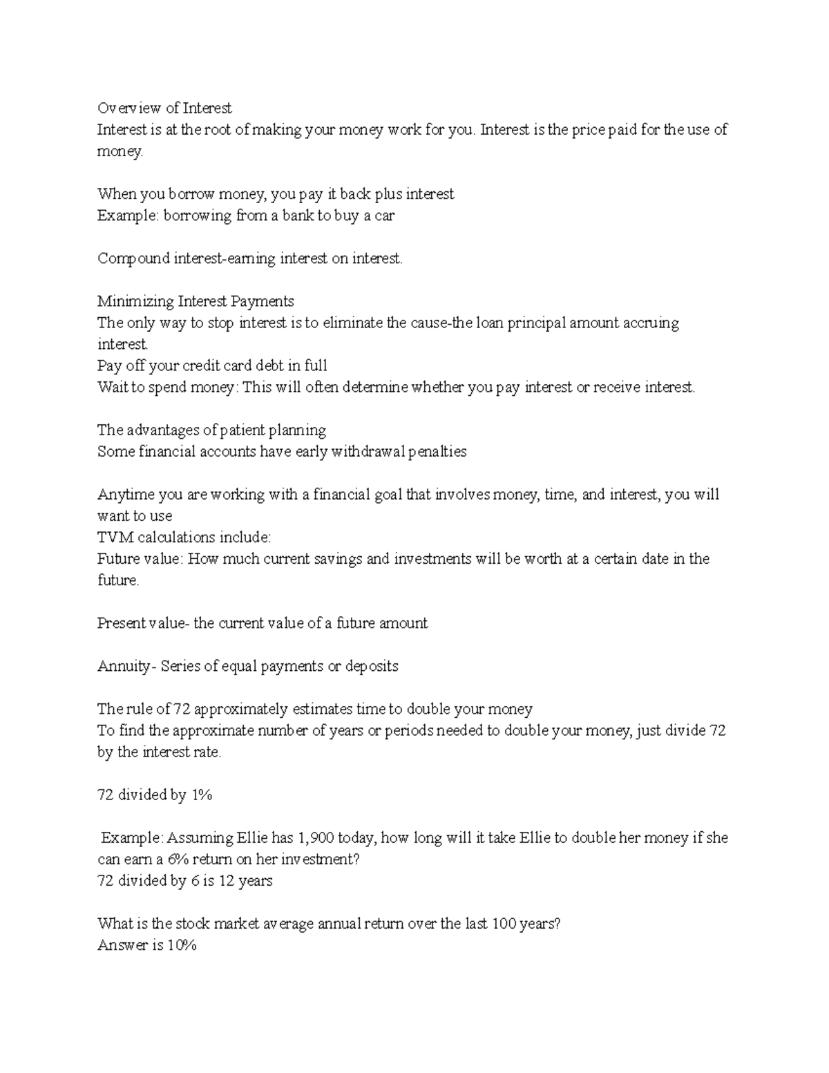 Finance chapter 2 notes - Overview of Interest Interest is at the root ...