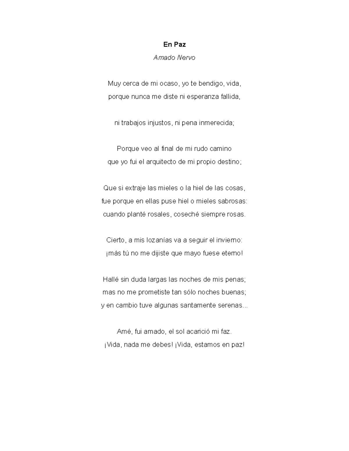 Declamación / Discursos - En Paz Amado Nervo Muy cerca de mi ocaso, yo ...