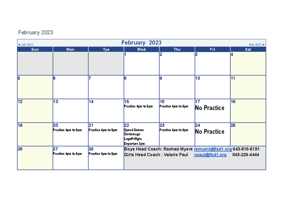 WHS Track Practice Schedule 2023 - February 2023 Jan 2023 February 2023 ...