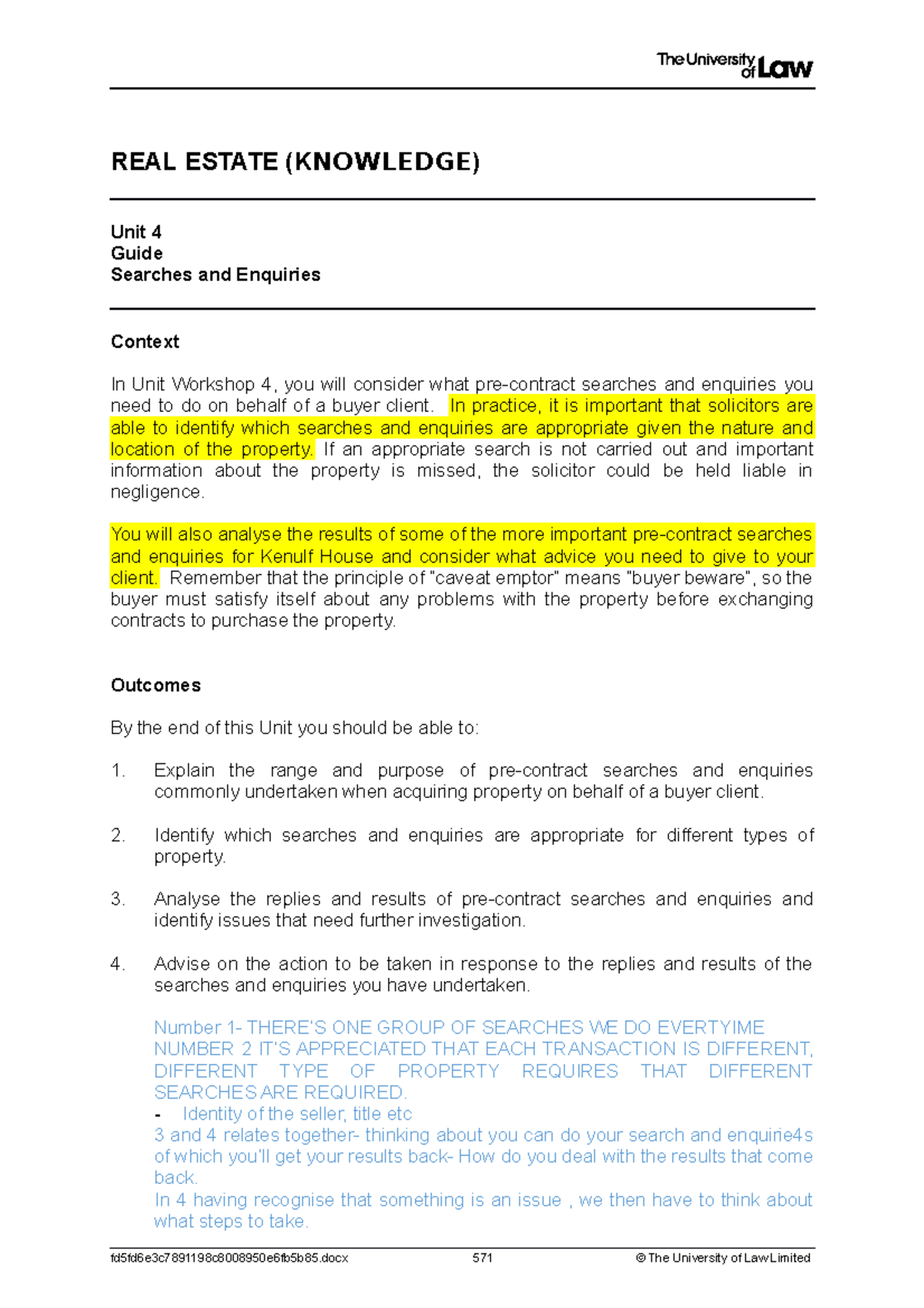 Real Estate Workshop 4 - REAL ESTATE (KNOWLEDGE) Unit 4 Guide Searches ...