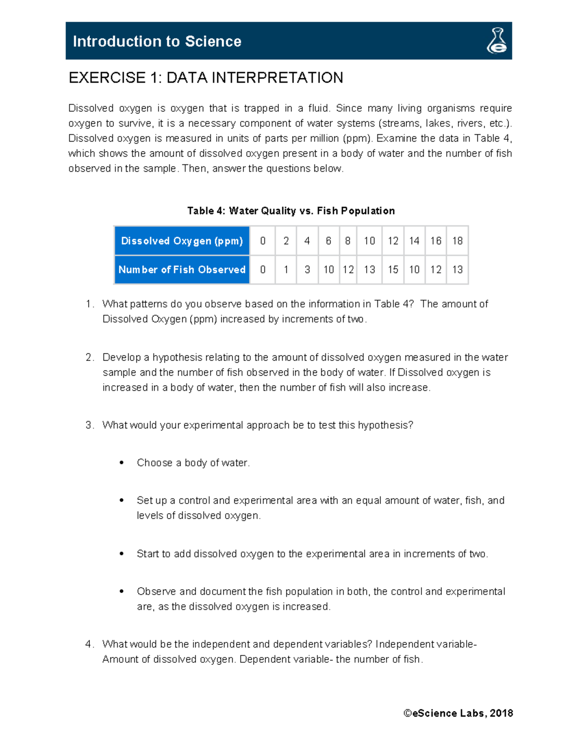 Lab 1 BIO - Elab - EXERCISE 1: DATA INTERPRETATION Dissolved oxygen is oxygen that is trapped in ...