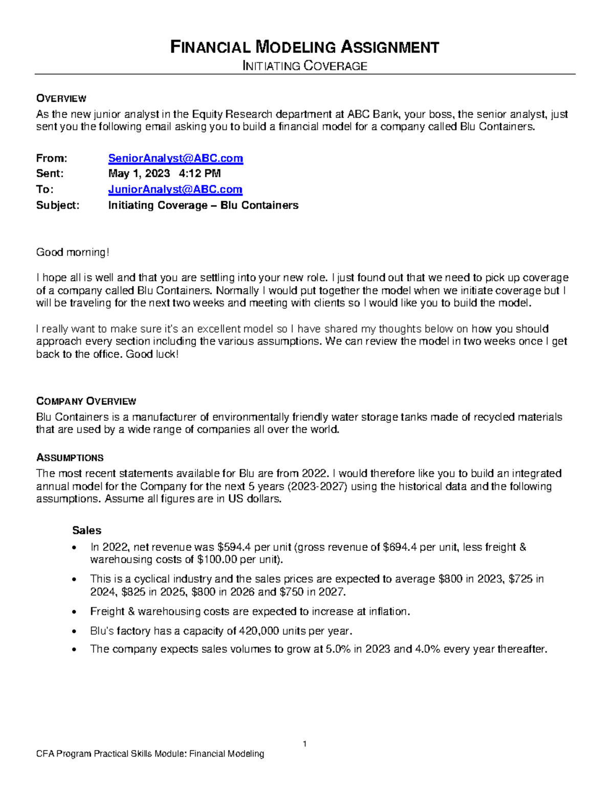 Blu Containers Model - Assignment - FINANCIAL MODELING ASSIGNMENT ...