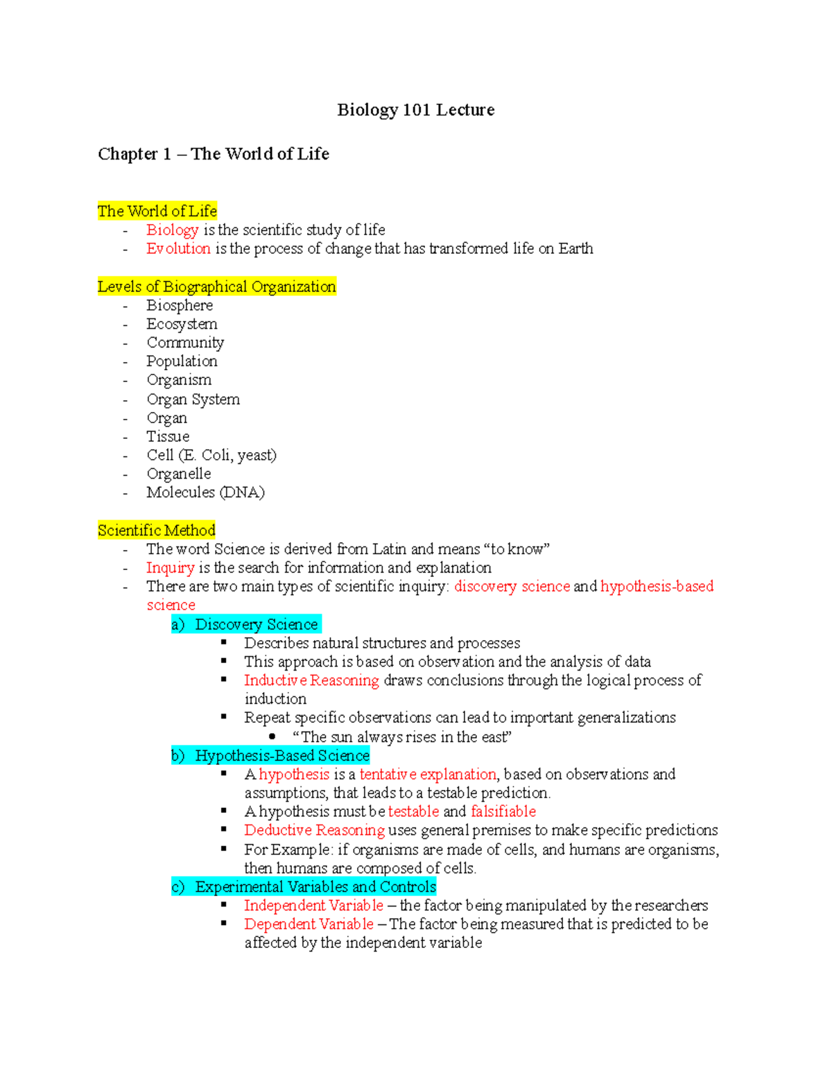Biology 101 Notes - Biology 101 Lecture Chapter 1 – The World of Life ...