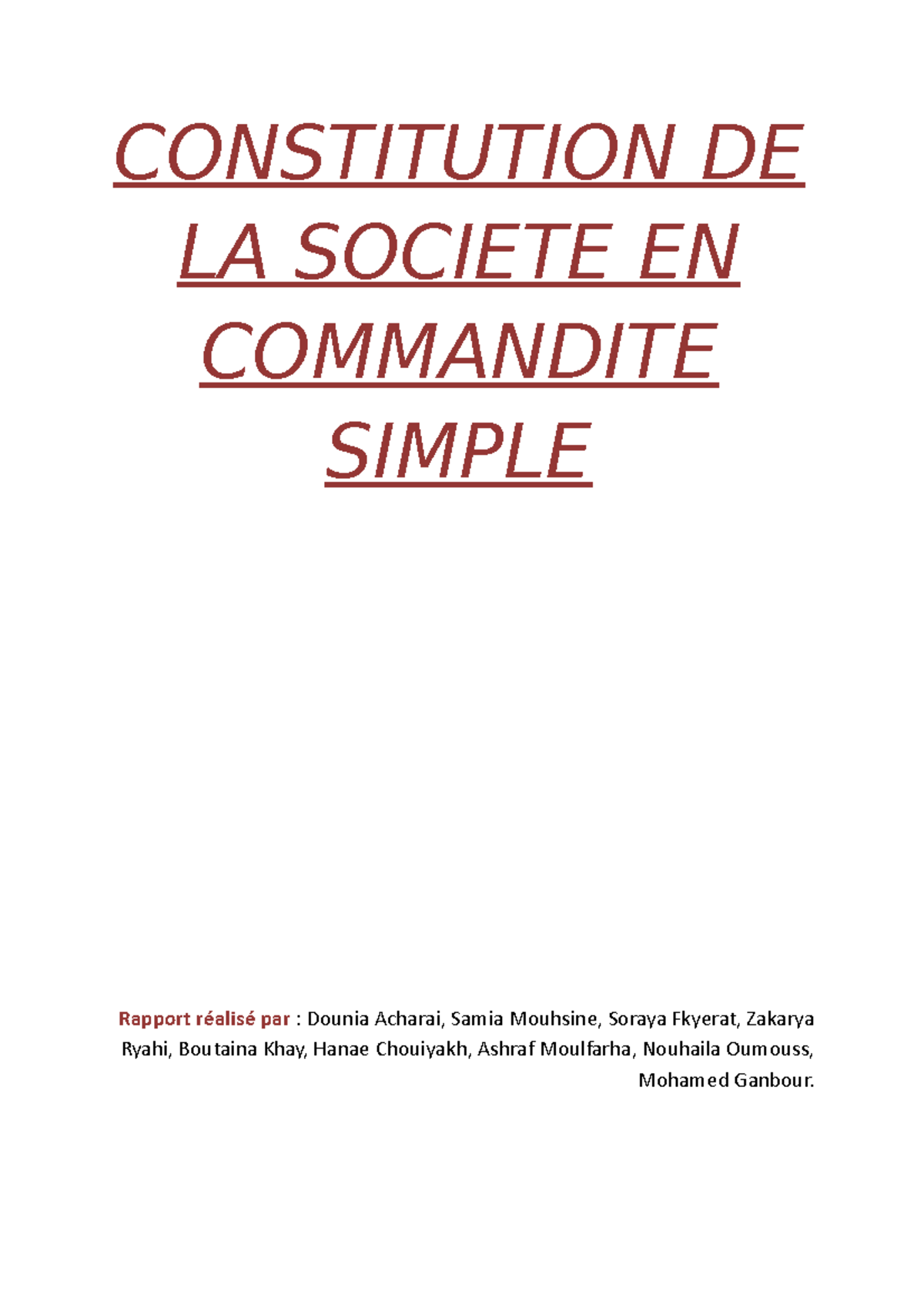 Constitution DE LA Societe EN Commandite Simple - CONSTITUTION DE LA ...