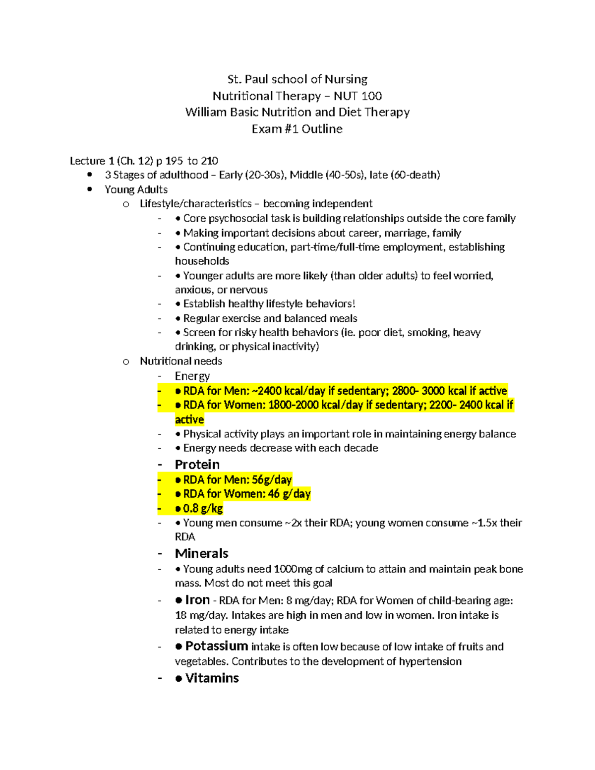 Exam 1 outline - St paul school of nursing - St. Paul school of Nursing ...