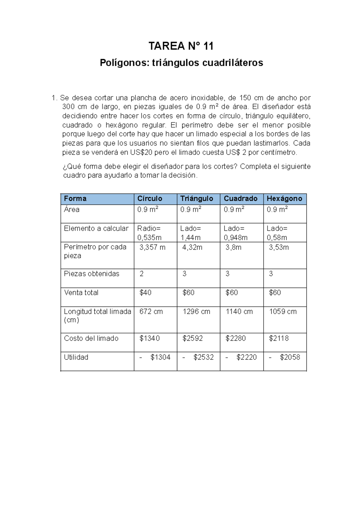 Tarea 11 - TAREA N° 11 Polígonos: triángulos cuadriláteros 1. Se desea cortar una plancha de ...