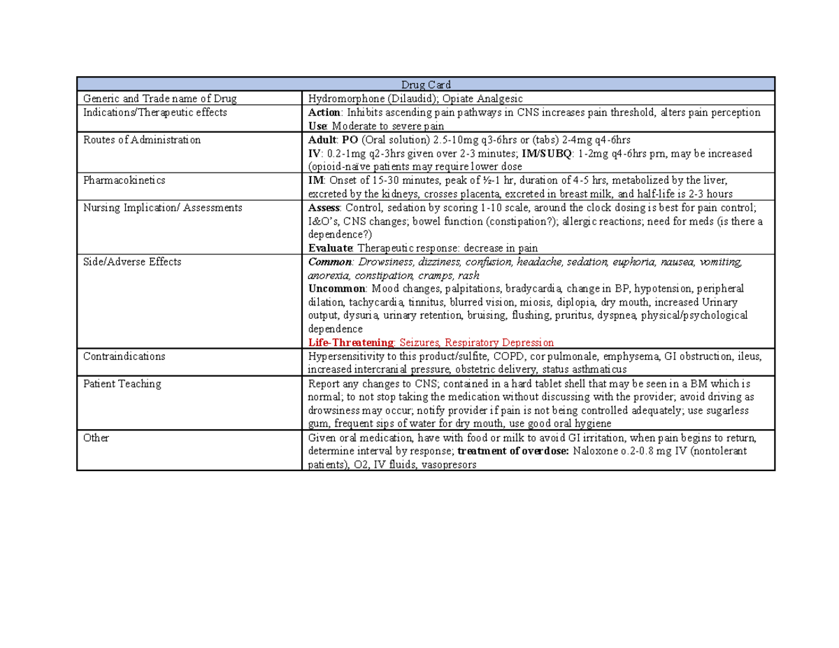 NURS 3020 Drug Cards - Drug Card Generic and Trade name of Drug ...