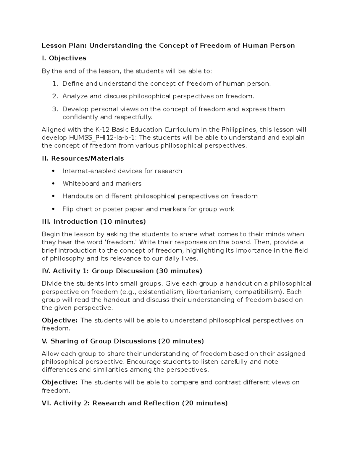 Lesson Plan - Philosophy - Lesson Plan: Understanding the Concept of ...