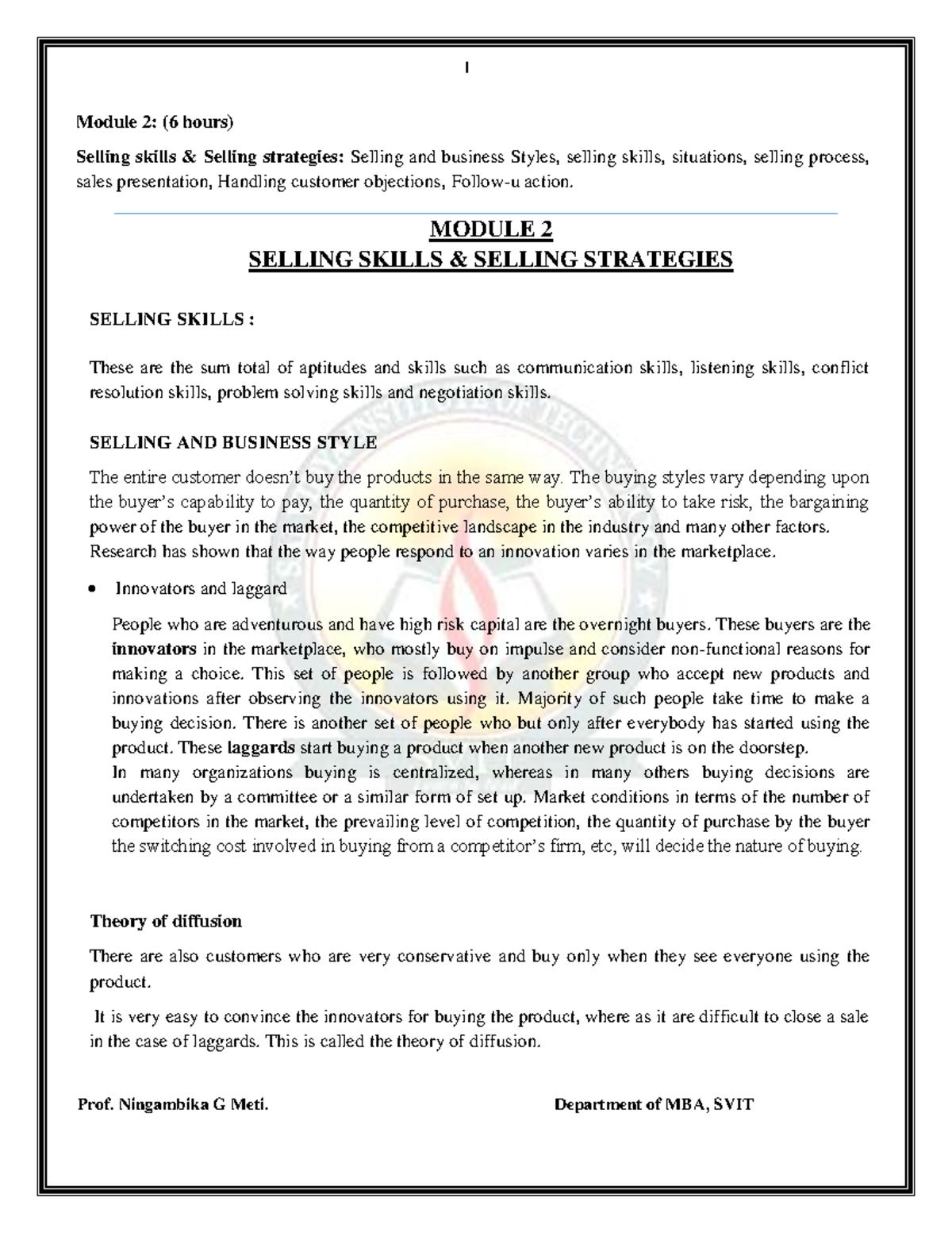 Module 2 SM - Lecture notes 2 - Module 2: (6 hours) Selling skills ...