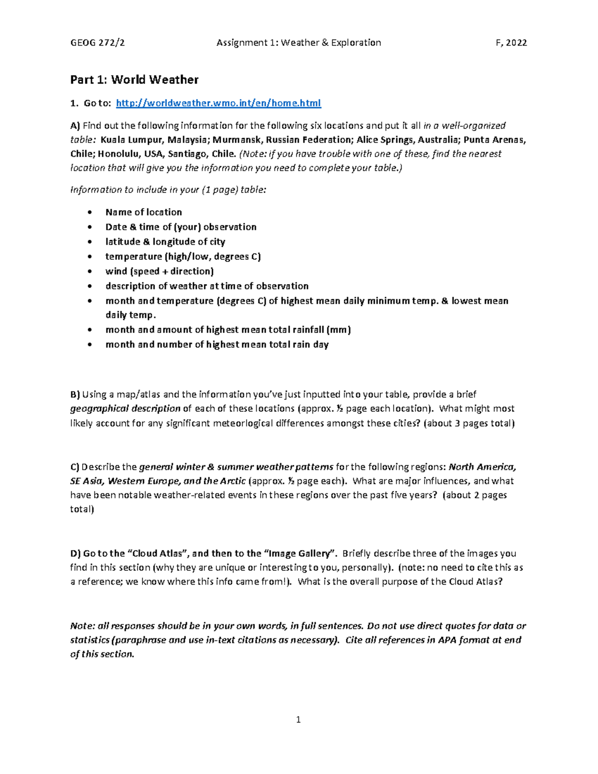 Assignment 1 Weather Exploration - GEOG 272/2 Assignment 1: Weather ...