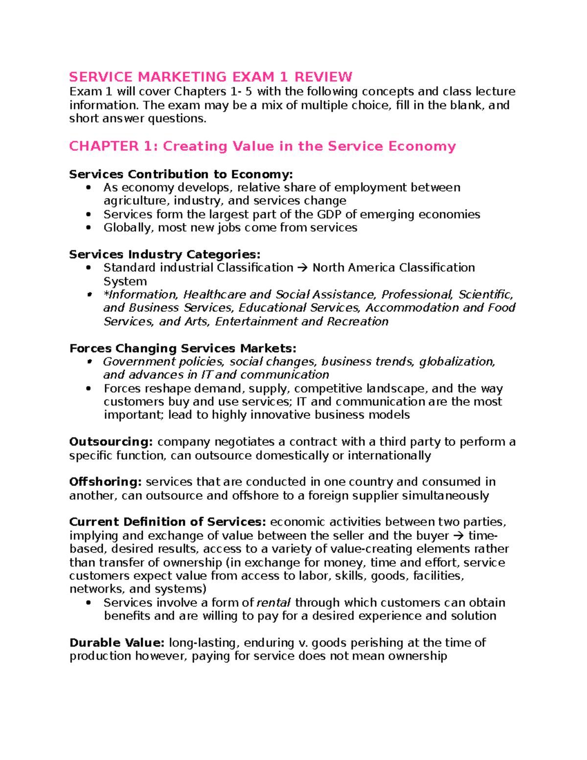 Service Marketing Exam 1 Study Guide - SERVICE MARKETING EXAM 1 REVIEW ...