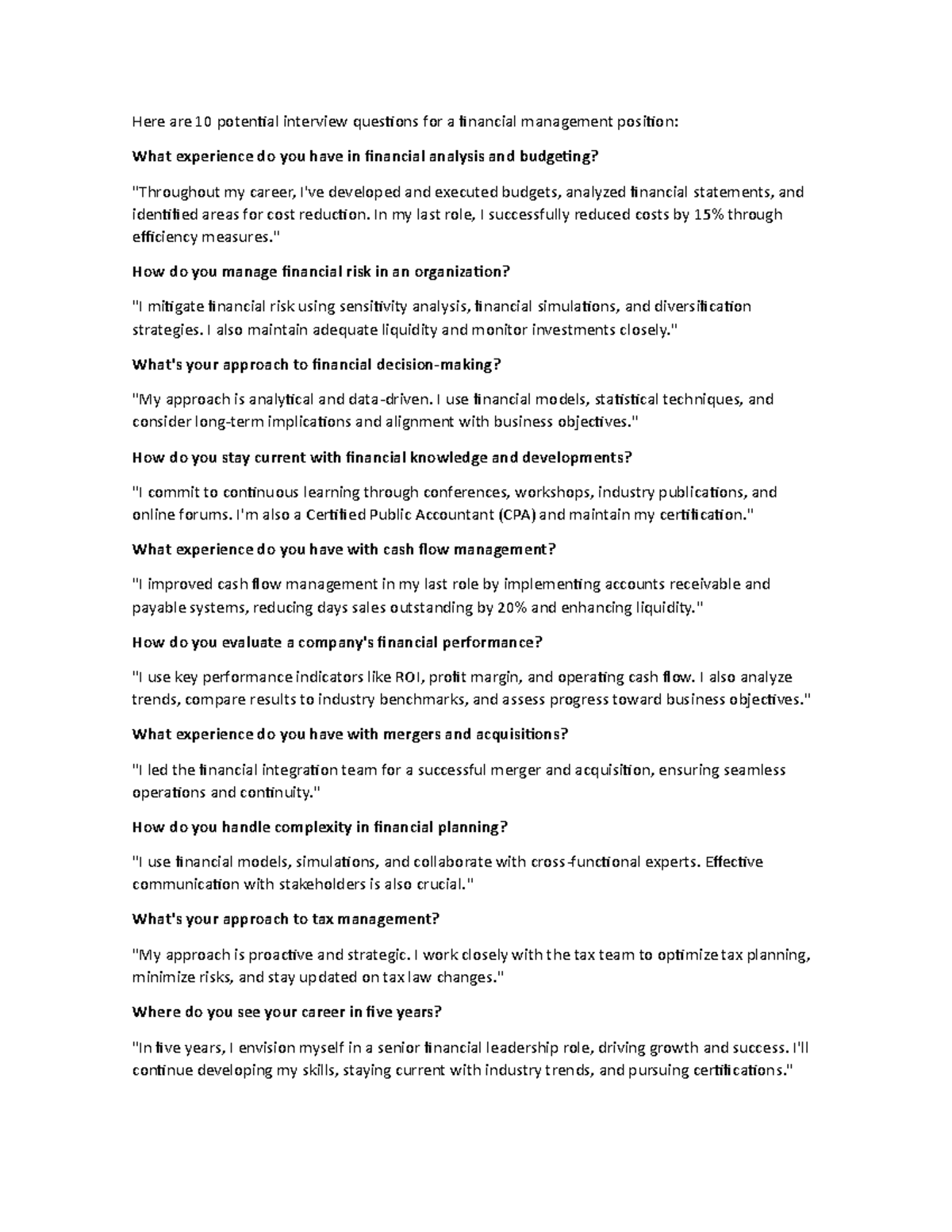 Job interview - sxdds - Here are 10 potential interview questions for a financial management ...