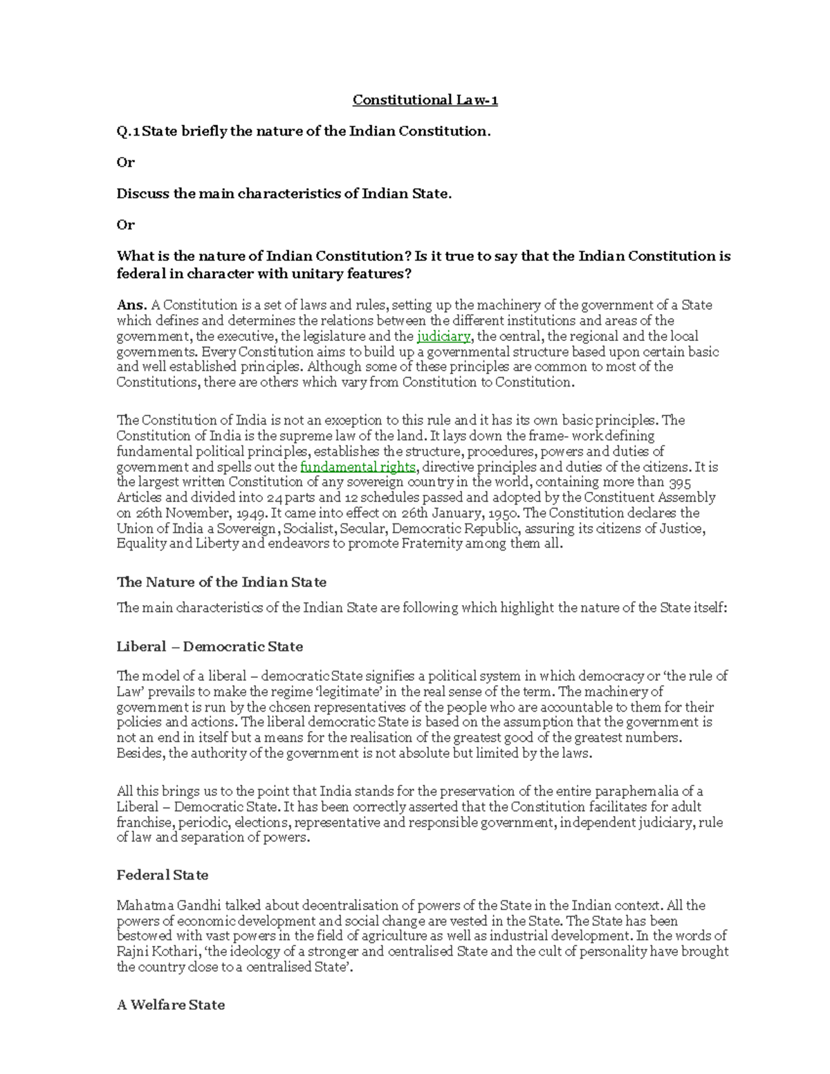 Constitutional Law-1 - Or Discuss the main characteristics of Indian ...