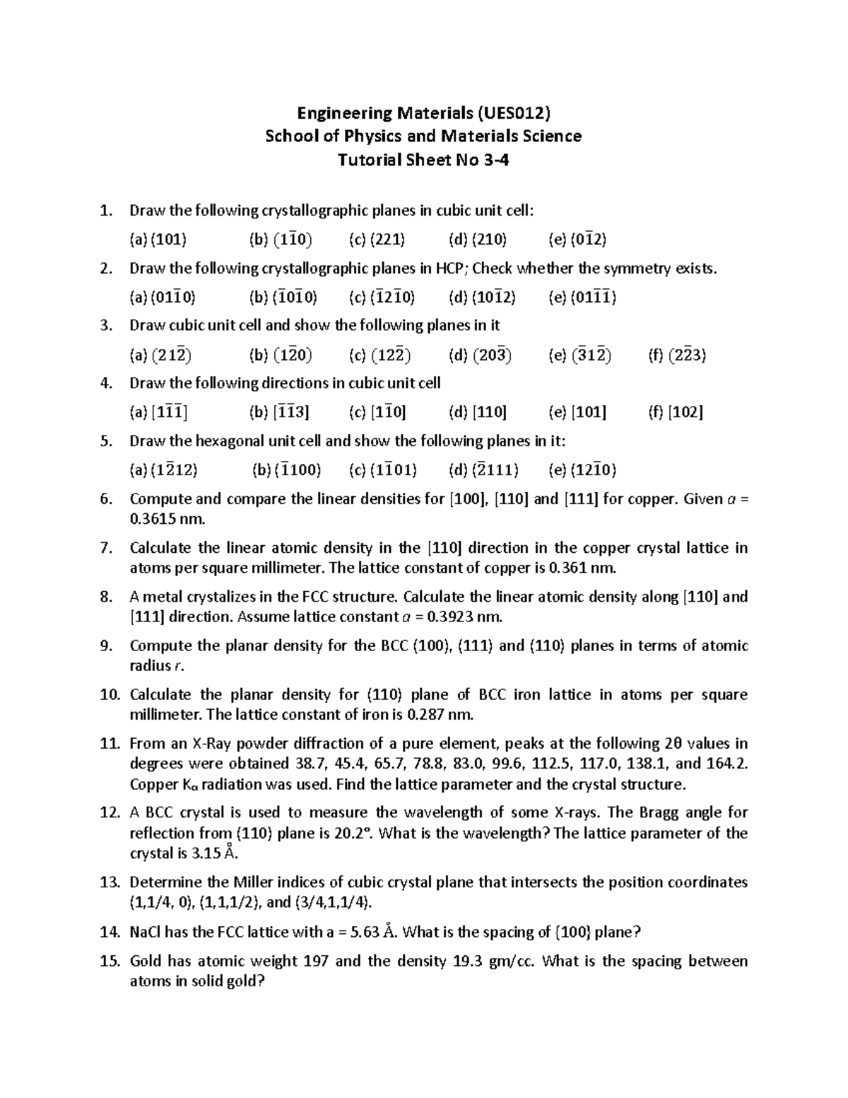 Tute sheet 3-4 - n hbu uhbgyvhun - Engineering Materials (UES012 ...