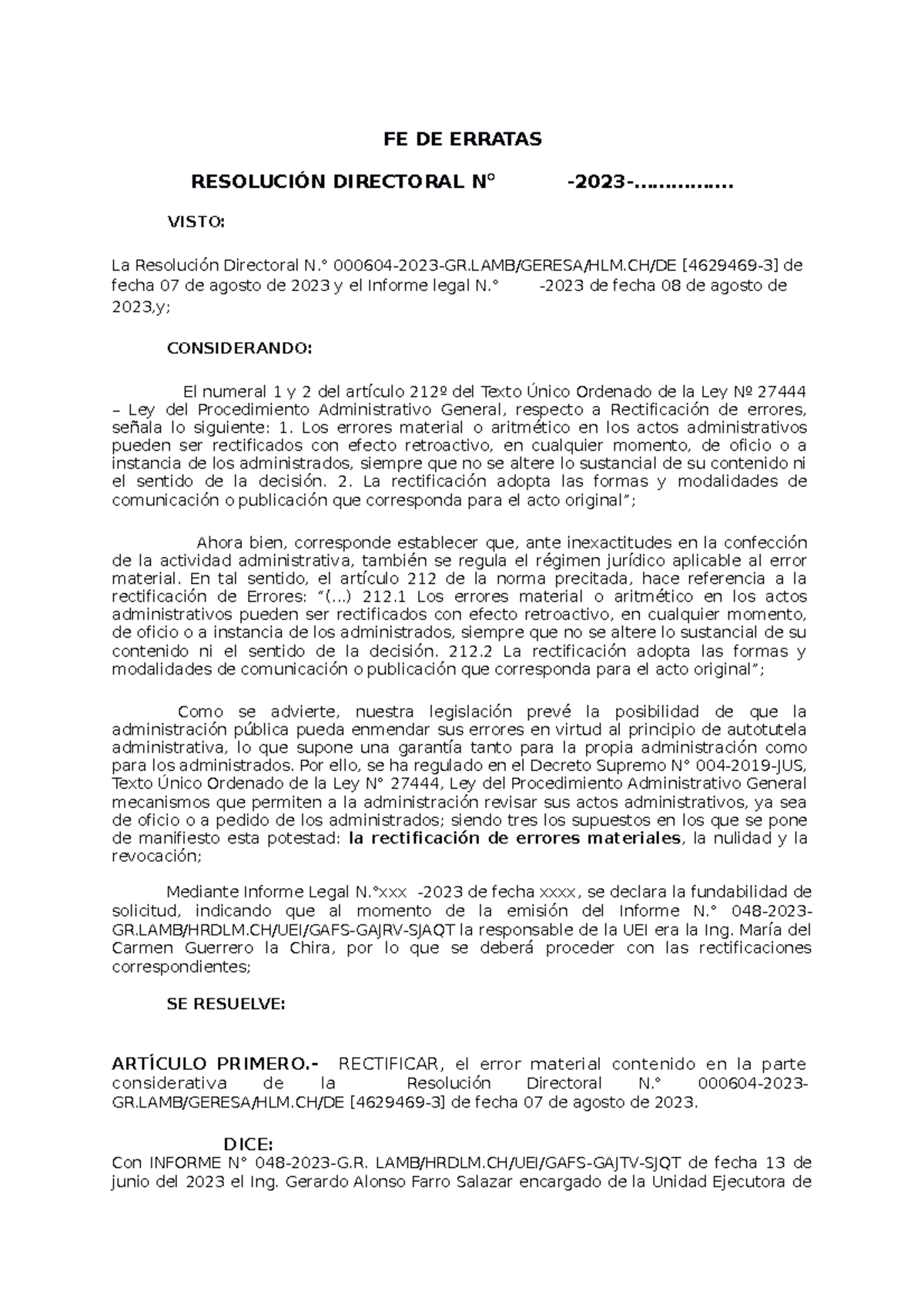 (f) fe de erratas- Res 0604 (3) - FE DE ERRATAS RESOLUCIÓN DIRECTORAL N ...